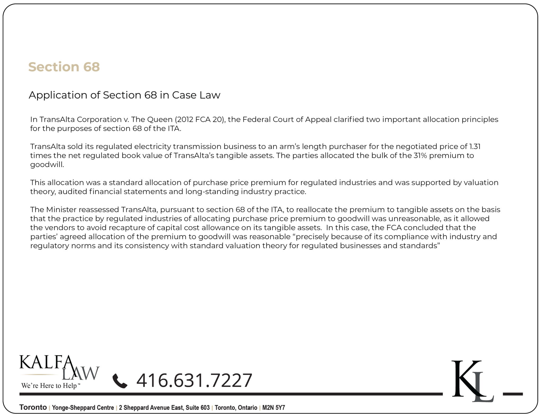 Kalfa Law Firm | Be Wary Of Section 68 | Allocations Of Purchase Price